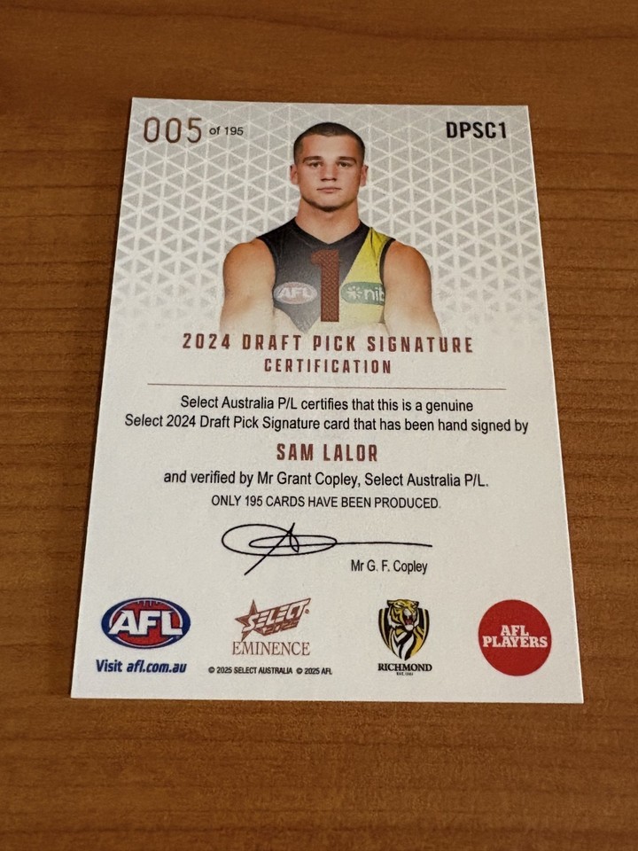 2025 AFL Select Eminence Draft Pick Signature Copper SAM LALOR # 005/ ...