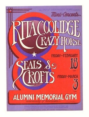 Rita Coolidge Seals & Crofts Handbill Gary Grimshaw 1972 University of ...