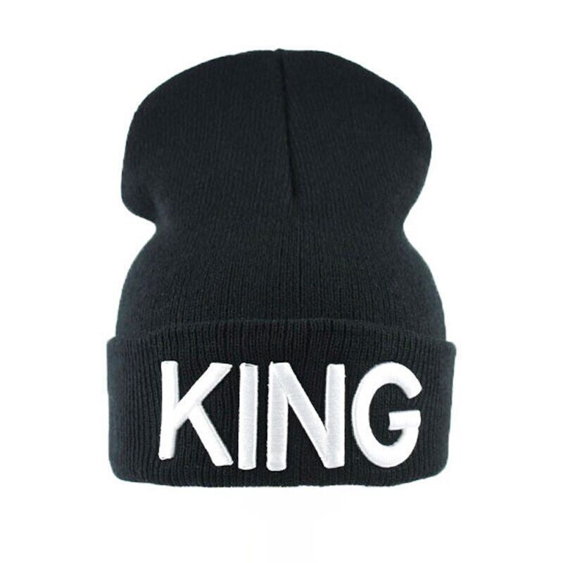 King Black with White Embroided Beanie Knitted Hip-Hop Fashion Hats ...