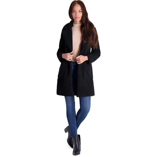 Women’s $200 French Connection Notch Lapel Black Sherpa Teddy Midi Coat ...