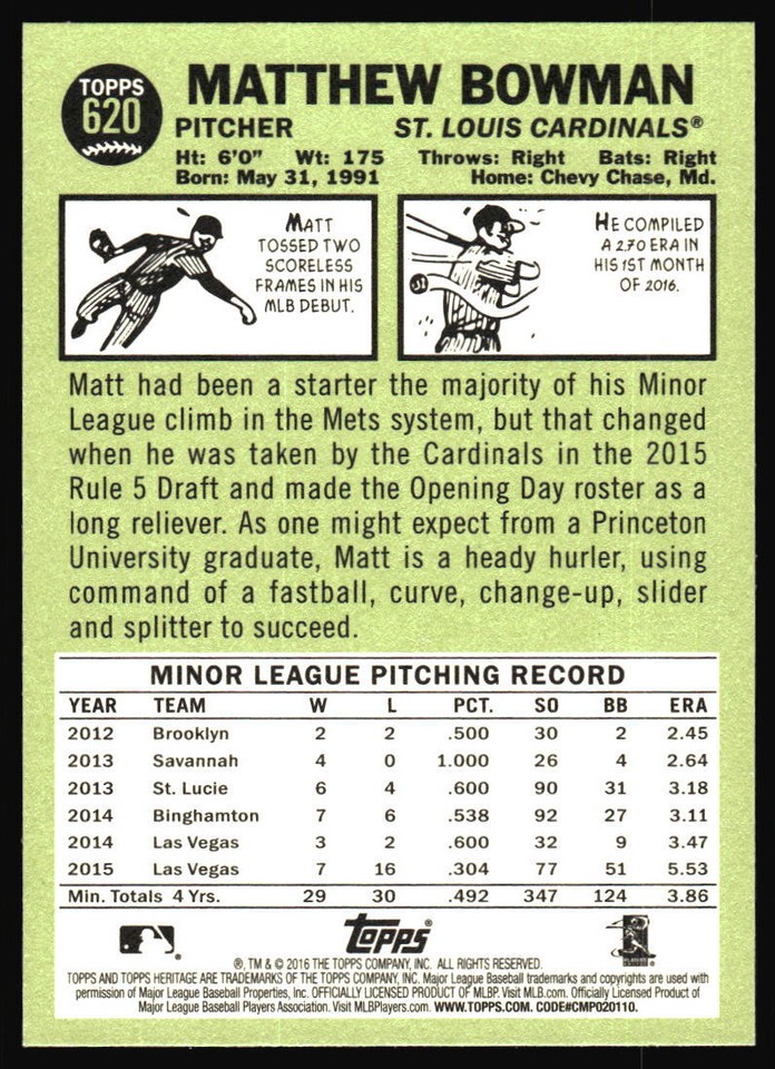 2016 Topps Heritage Matthew Bowman Rookie #620 St. Louis Cardinals | eBay
