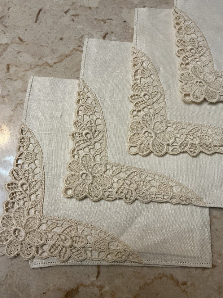 4 Vintage Linen Corner Napkins Ivory Color Lace Cotton Embroidered ...