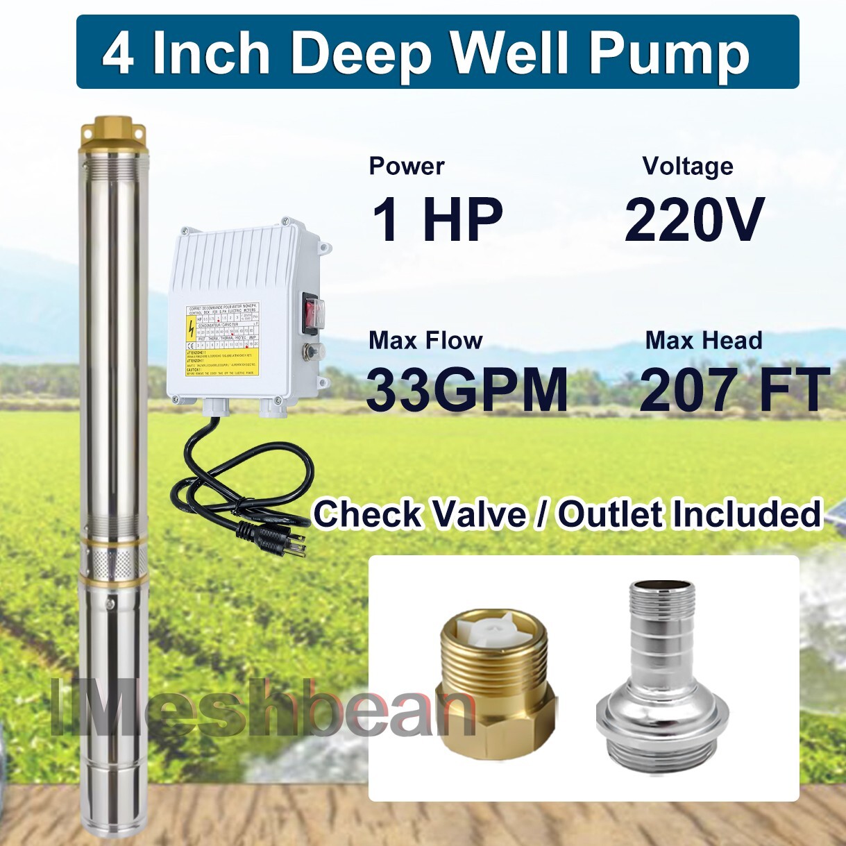 1 HP Deep Well Submersible Pump 4" 230V 33 GPM 207 ft w/Control Box ...
