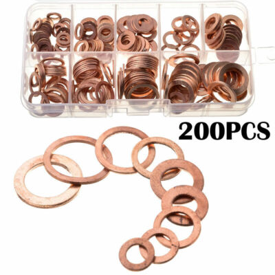 200x Solid Copper Washer 9 Sizes Flat Ring Sump Plug Oil Seal Assorted ...