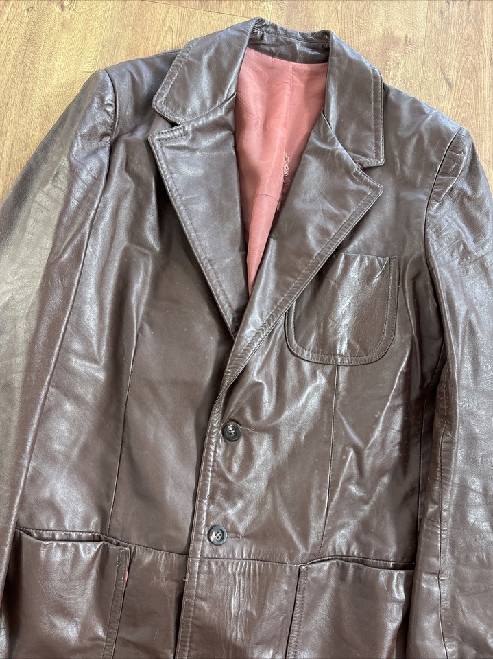 Vintage Brown Leather Long Trench Coat Jacket Mens 70s Disco Mafia Mob ...