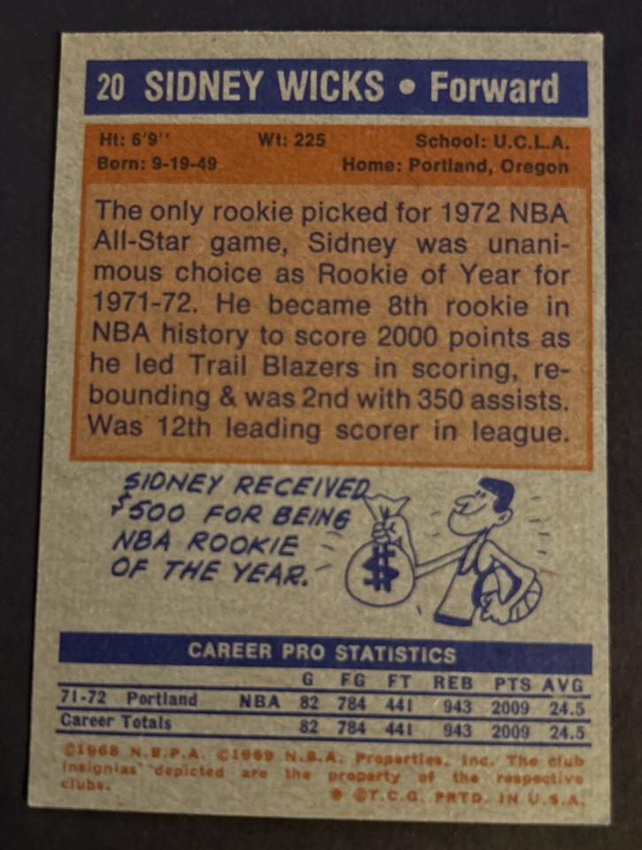 SIDNEY WICKS 1972 Topps Basketball #20 Portland Trailblazers Rookie RC ...
