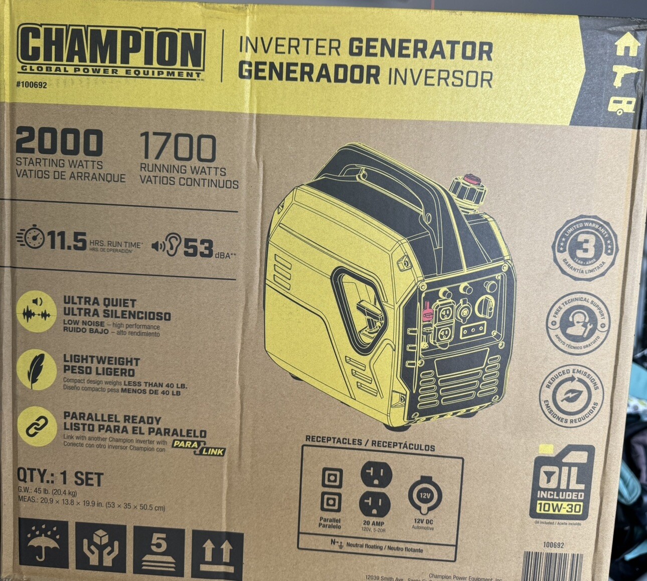 Champion Power Equipment 100692 2000W Portable Inverter Generator ...
