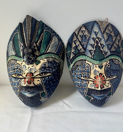 Set Of 2 Wooden Hand Carved Batik Mask Java Art Wall Decoration 7” | eBay