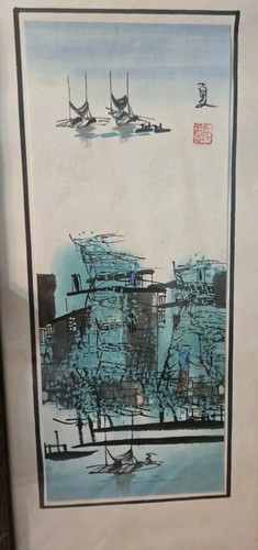 Japanese (?) ORIGINAL WATERCOLOR BLUE SKYIES LANDSCAPE PAINTING SIGNED ...