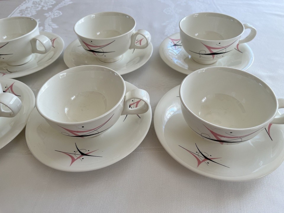HARLEQUIN HALLCRAFT EVA ZEISEL 6 CUPS & SAUCERS ATOMIC AGE EUC MID ...