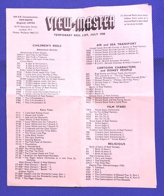 View-Master England Limited Scarce Temporary Reel List July 1958 Sawyer ...