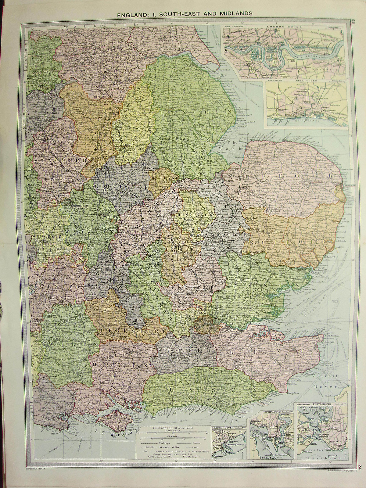 1920 LARGE MAP ~ ENGLAND SOUTH-EAST & MIDLANDS DOVER SOUTHAMPTON LONDON ...