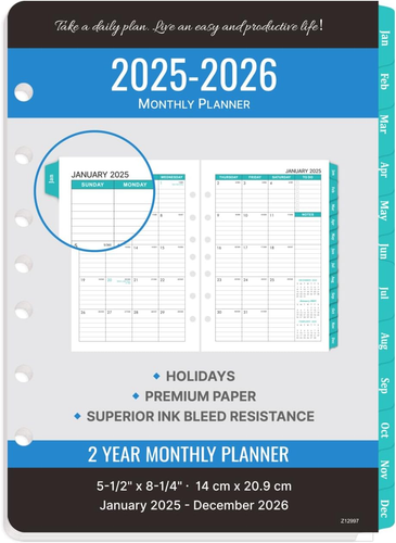 2025-2026 Monthly Planner Refill - Inserts with 7-Hole Punched, black New 705353190780| eBay