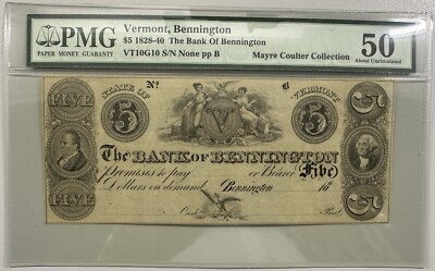 1828-40 Vermont, Bank of Bennington $5 - Remainder PMG 50 - RARE EARLY ...