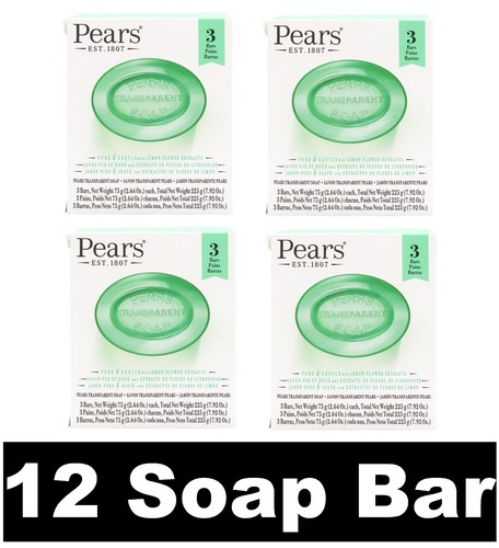 12x PEARS 75g TRANSPARENT SOAP BAR PURE & GENTLE LEMON FLOWER EXTRACTS ...