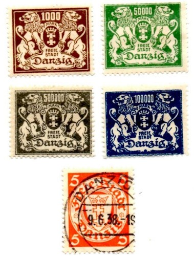 LOT OF 5 DANZIG FREE STATE POSTAGE STAMPS 1930s VINTAGE DOUBLE LIONS | eBay