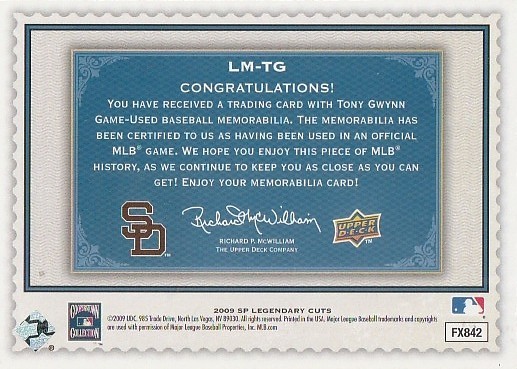 2009 SP Legendary Cuts Legendary Memorabilia Blue #LM-TG Tony Gwynn/100 ...