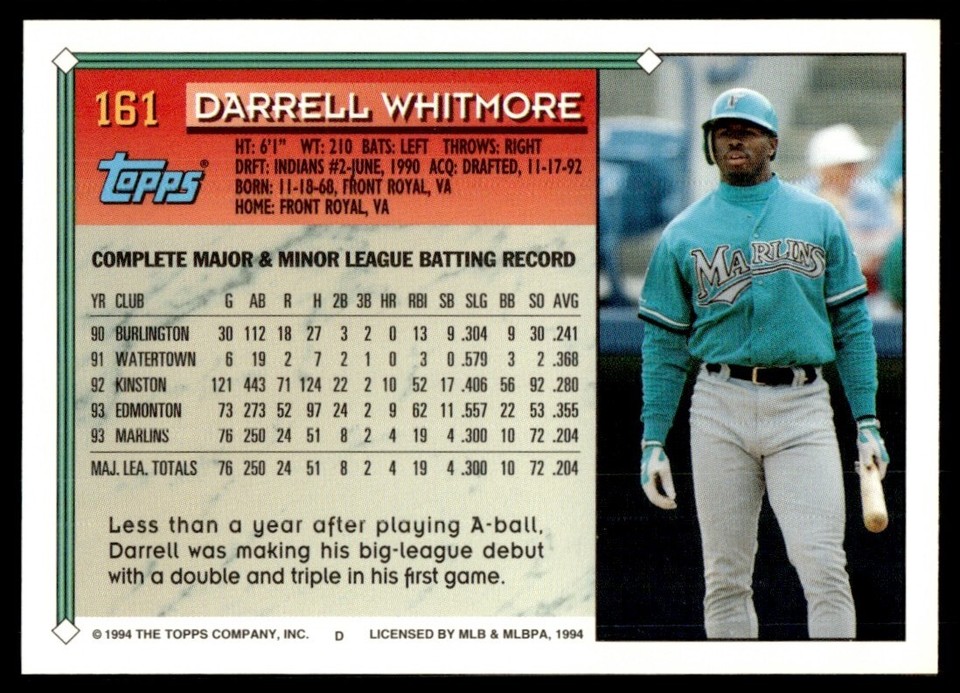 1994 Topps #161 Darrell Whitmore Florida Marlins | eBay