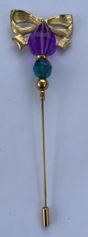 Vintage Gold Tone Bow Purple And Green Beaded 5” Inch Hat Stick Pin | eBay