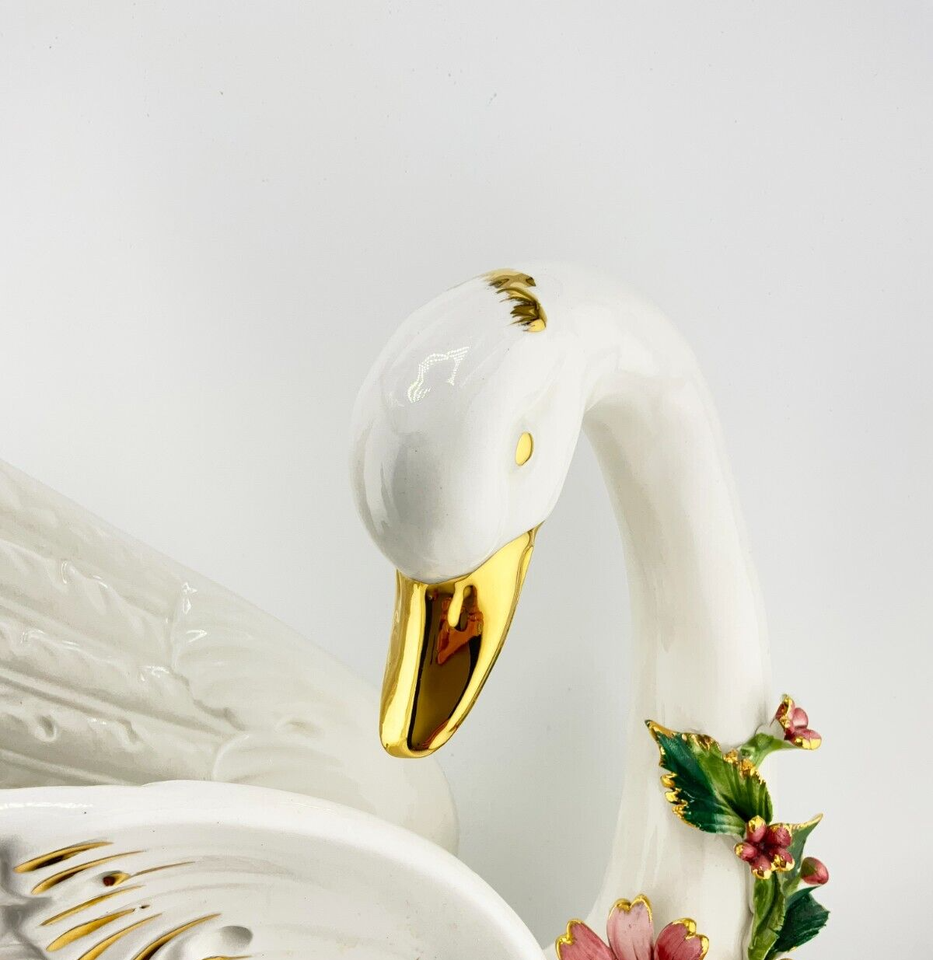 Original Large Capodimonte Porcelain Swan w/ Attached Flowers & Gold ...