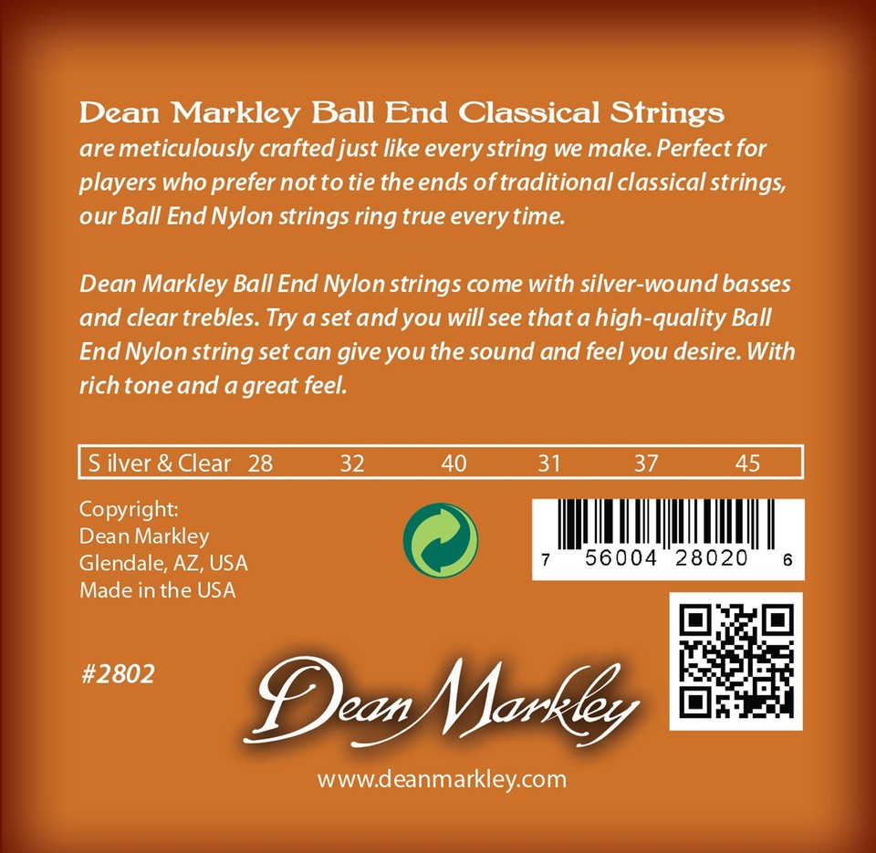 Dean Markley Ball End Nylon - 2802 - Classical Guitar String Set, .028 ...