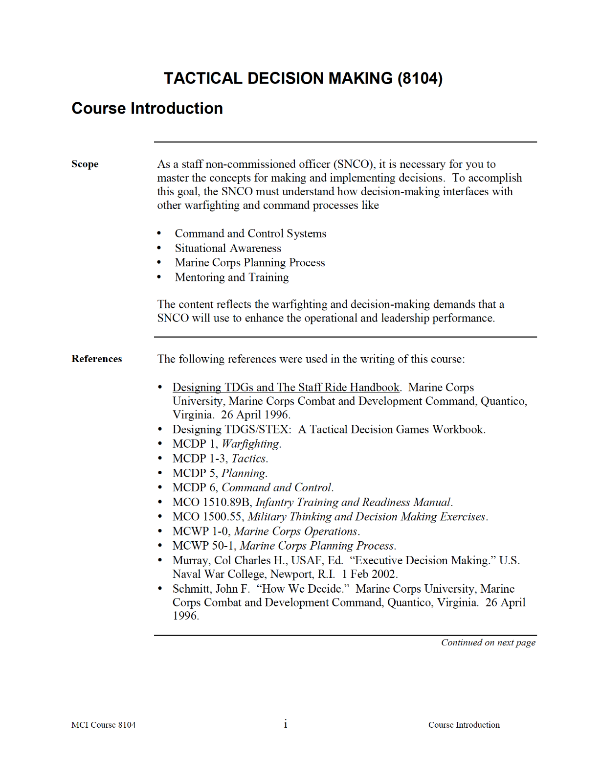 212 Page MARINE CORPS INSTITUTE USMC - TACTICAL DECISION MAKING Manual ...