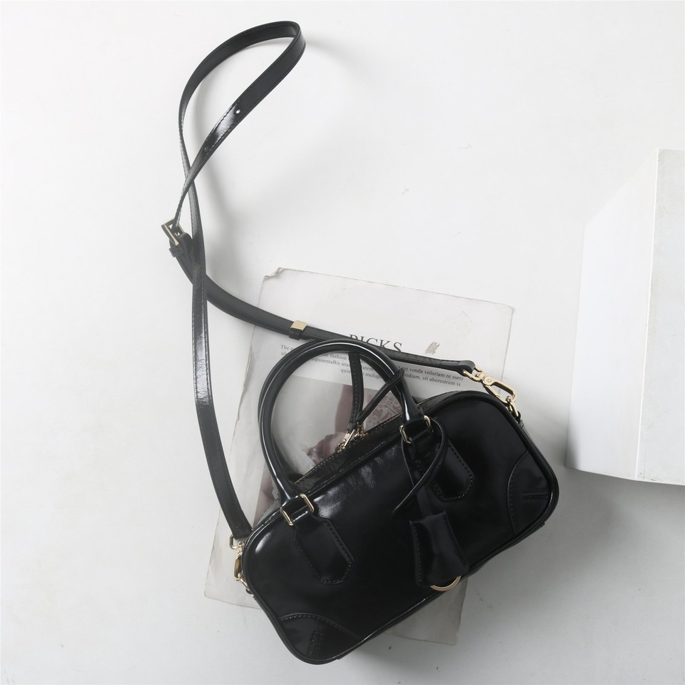 Small Glossy Real Leather Tote Boston Bowling Handbag Fashion Shoulder ...