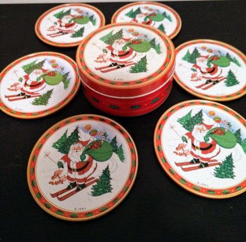 6 Vintage Christmas Coasters. Metal case. Cork Bottom. | eBay