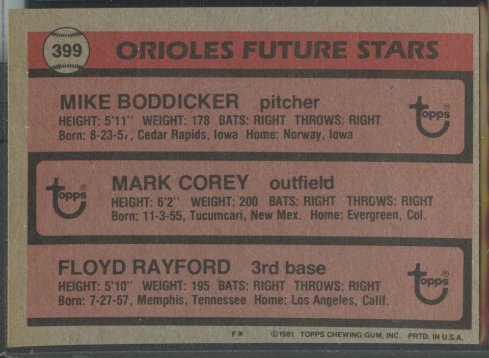 1981 Topps #399 Baltimore Orioles Future Stars Mike Boddicker, Corey ...