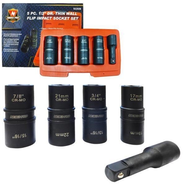 5pc 1/2" Dr. Thin Wall Flip Impact Socket Set For Auto RIMS TIRES LUG ...