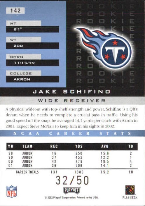2002 Playoff Honors X's Tennessee Titans Football Card #142 Jake ...