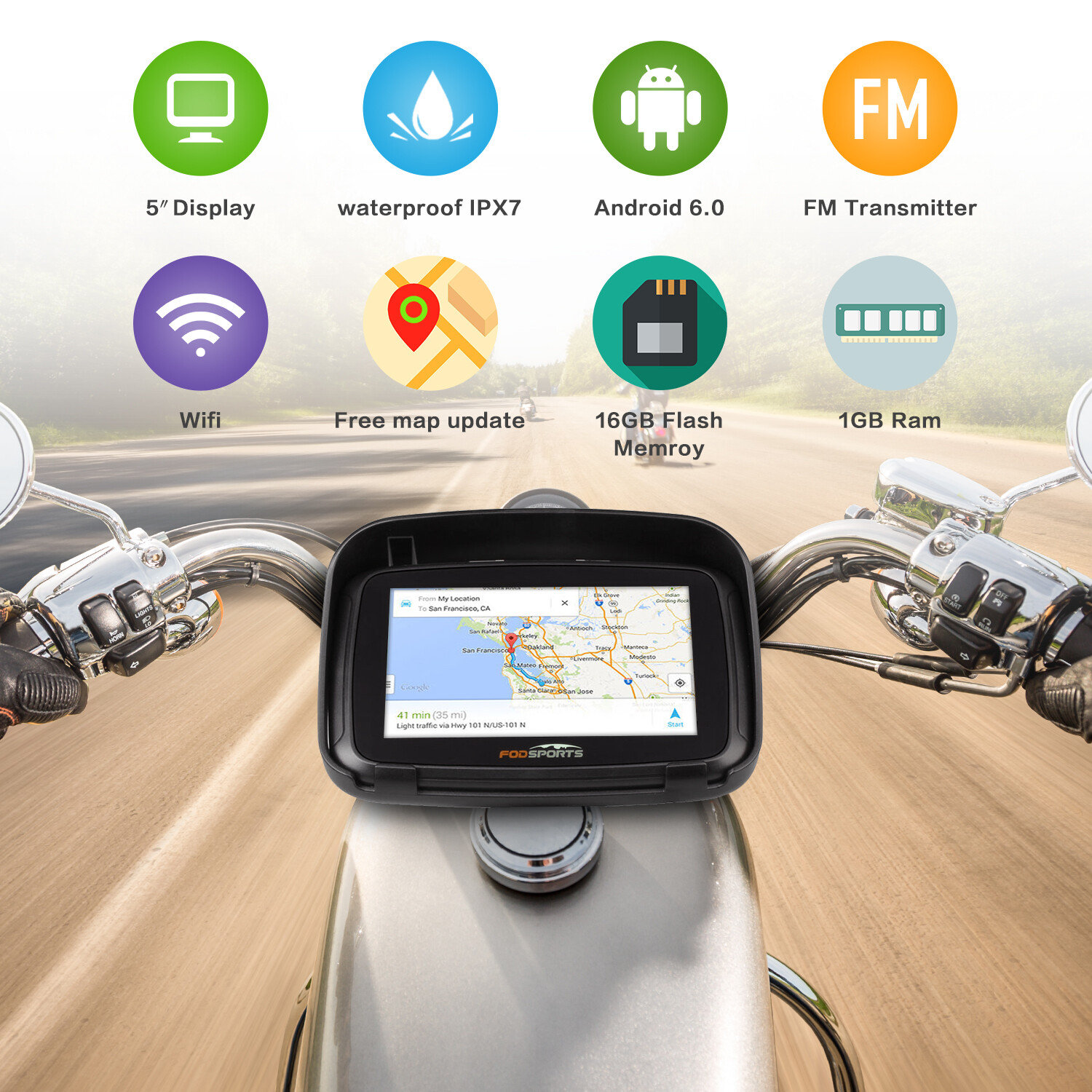 5" GPS Navigation Motorcycle GPS Navigator Android 6.0 16GB+1GB RAM ...