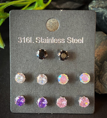 5 PAIRS CZ Gem Stud Earrings 316L Stainless Steel retail / display ...