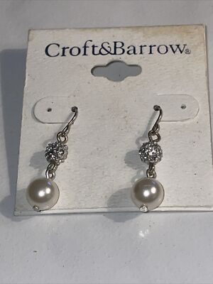 NWT Croft & Barrow Dangle Faux Pearl Pierced Earrings Rhinestone Silver ...