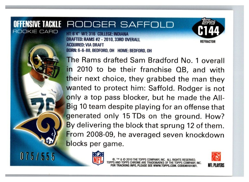 2010 Topps Chrome Purple Refractors #C144 Rodger Saffold #/555 054-H | eBay