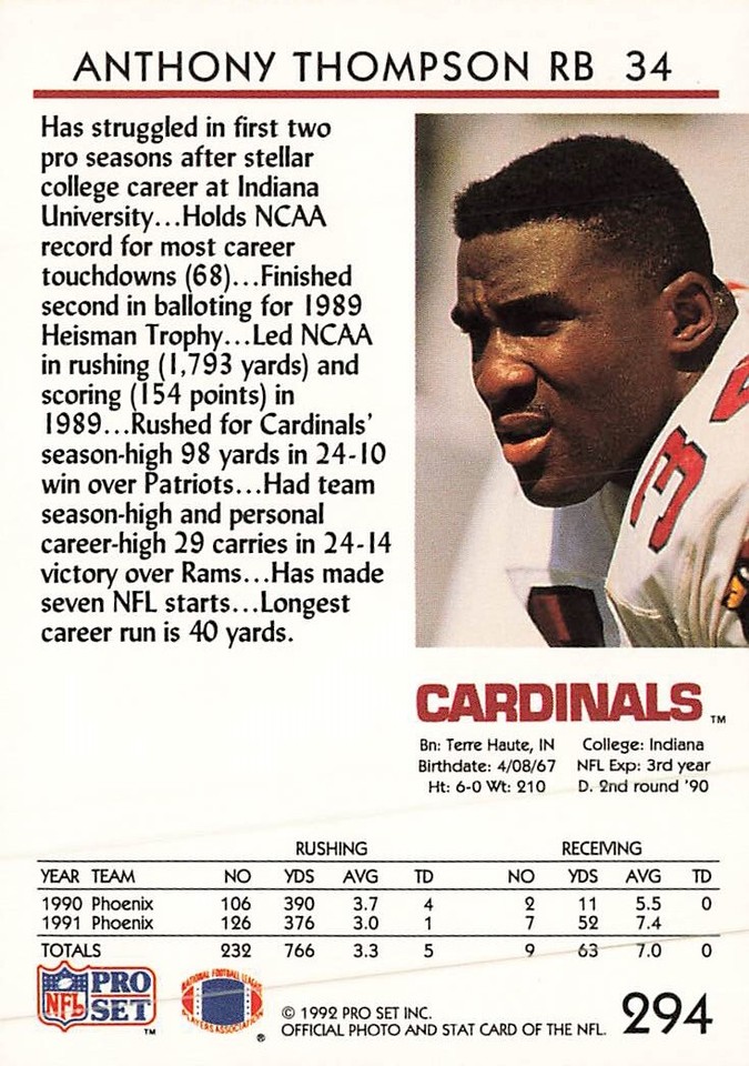 1992 Pro Set #294 Anthony Thompson Phoenix Cardinals | eBay