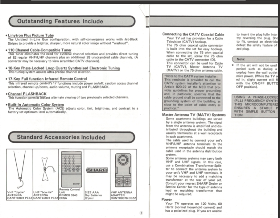 Sharp Linytron 13LM56 Color Television Operation Manual 1977 vintage ...