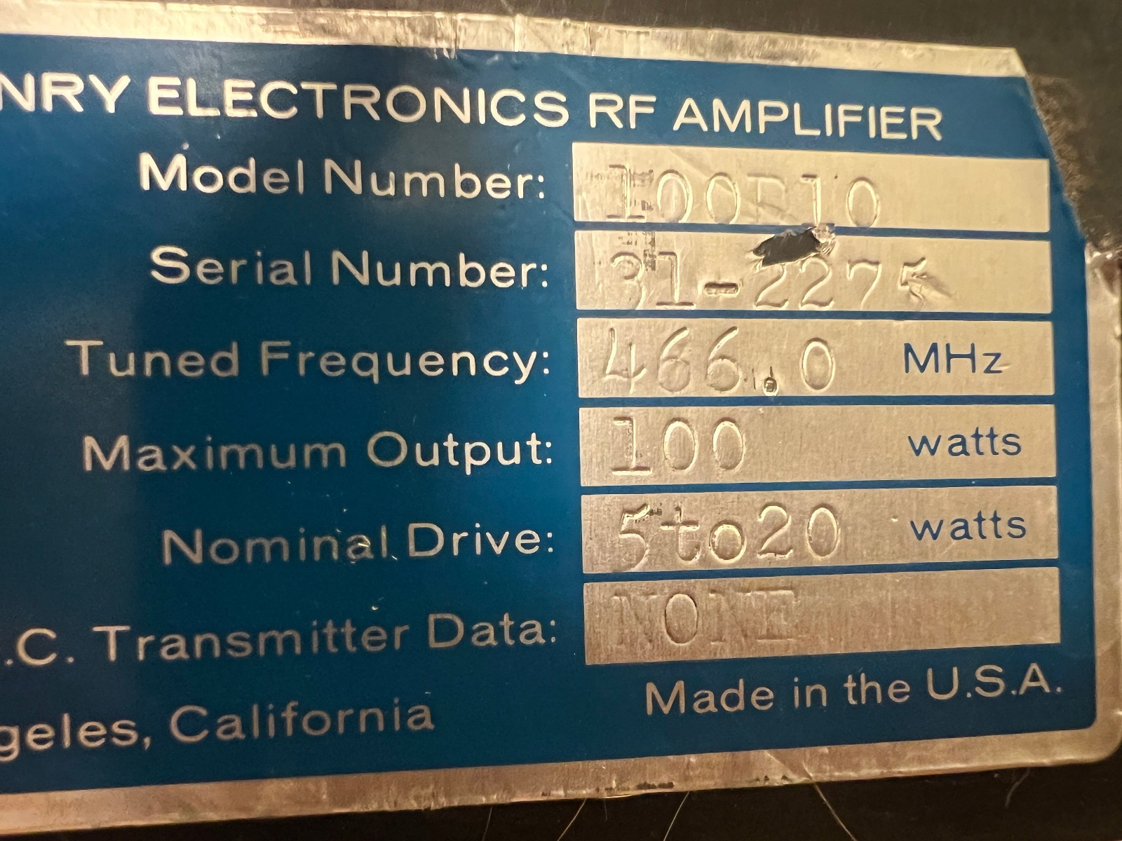 Scarce Henry Electronics Rf Amplifier 100D10 100 Watts 466.0 Mhz ...