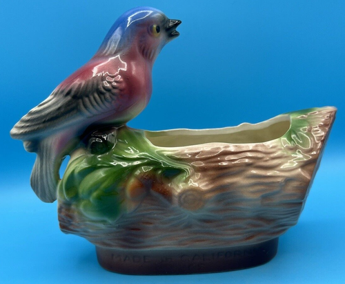 VTG Planter Bird On Log Blue & Pink Bird Unmarked | eBay