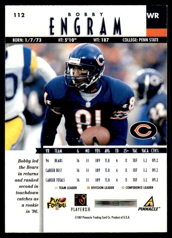 1997 Pinnacle Bobby Engram Chicago Bears #112 | eBay