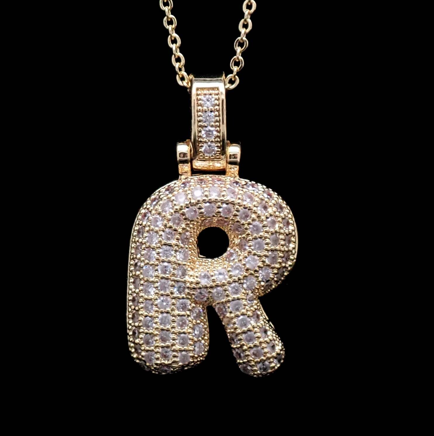 Bubble Letter Necklace, Balloon Initial Pendent, Crystal CZ Alphabet ...
