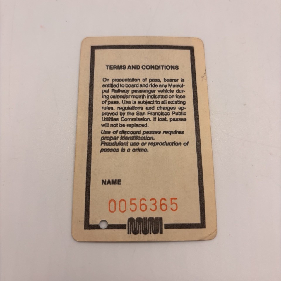 Vintage 1982 San Francisco Muni Bus Pass Fast Pass Jan - Jun, Sep - Nov ...