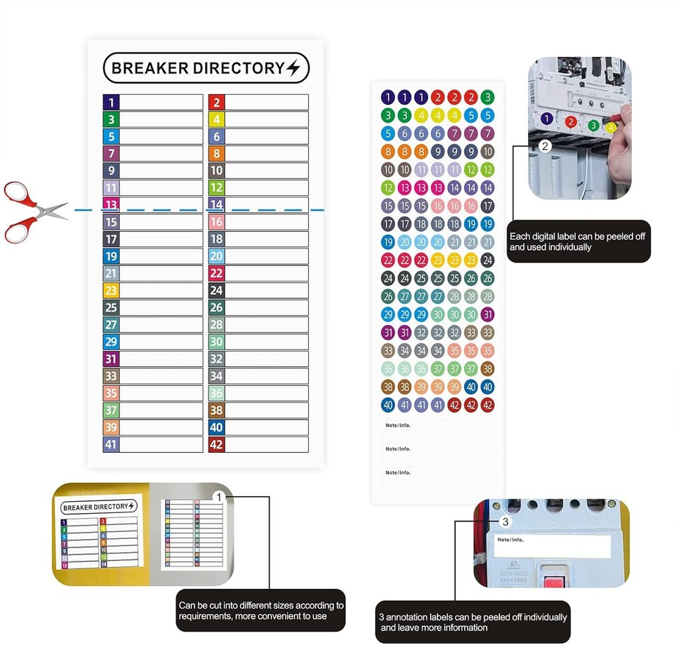 16 Sheets Breaker Panel Labels Electrical Box Sticker Numbers Mix ...