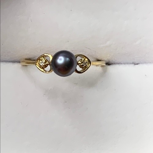 10k Yellow Gold 5.4mm black pearl and genuine diamond ring size 6 ...