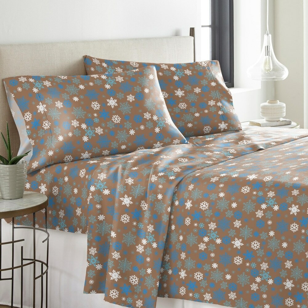 Tan Snowflakes Winter 4 pc Flannel Sheet Set Twin XL Full Queen Cal ...
