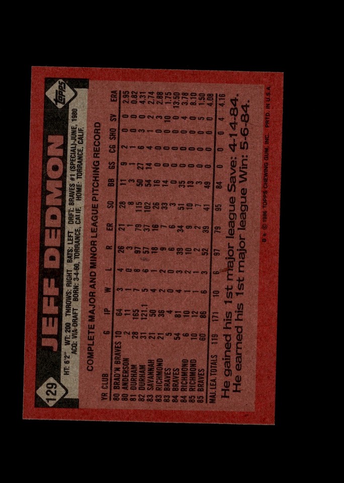 Jeff Dedmon - 1986 Topps Baseball #129 - Atlanta Braves + FAST FREE ...