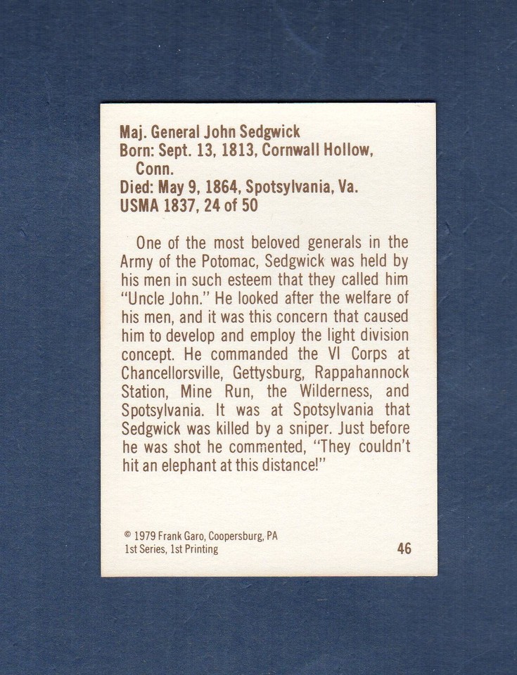 #46 MAJ. GEN. John Sedgwick, USA ~ 1979 Famous Civil War Generals B | eBay