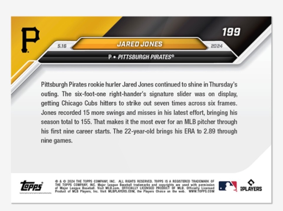 2024 TOPPS NOW 199 JARED JONES PIRATES RC MOST SWING &MISSES IN 1ST 9 ...