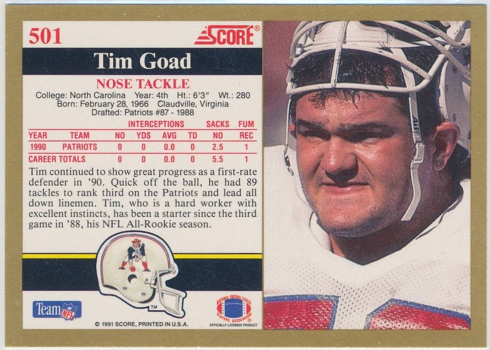 Tim Goad - New England Patriots - 1991 Score Football - Base - #501 | eBay