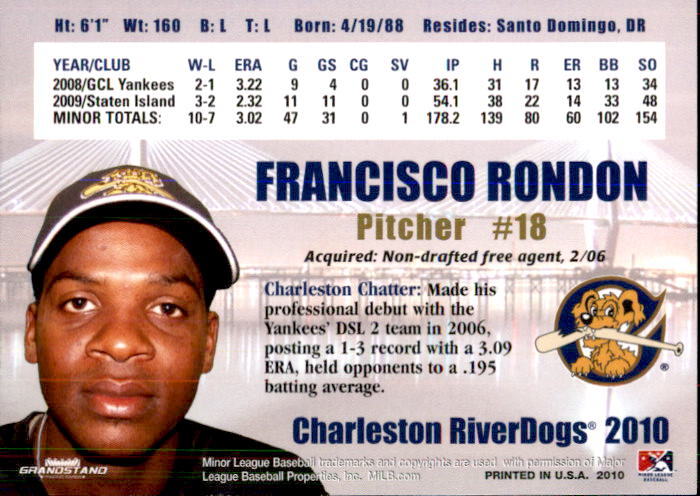 2010 Charleston RiverDogs Grandstand 10 Francisco Rondon Dominican ...